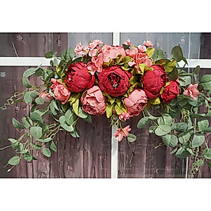 WUHNGD Artificial Flower Swag Wedding Arch Flowers 30 Inch Rose Peony Swag Arch Wreath Centerpiece for Lintel, Green Leaves Door Wreath Garden Home Wall Decoration, Pink Peonies