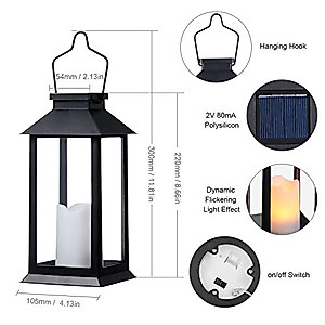 Tomshine 2 Pack Solar Lanterns, Outdoor Garden Hanging Lanterns, 11.8 Inch LED Flickering Flameless Candle Mission Lights for Yard, Table, Patio(Black)