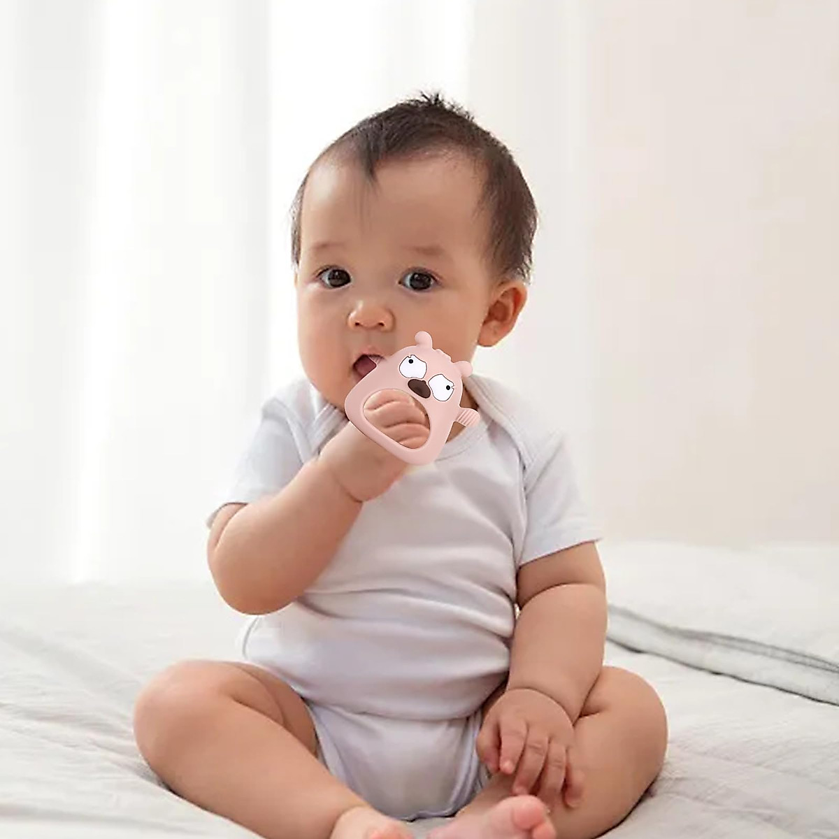 Teething Toys for Babies 0-6-12 Months, Baby Teether Never Drop Baby Teether for Teething Relief, Silicone Baby Hand Mittens with Sucking Need Pacifier, Baby Chew Toys for Breast Feeding (Pink)