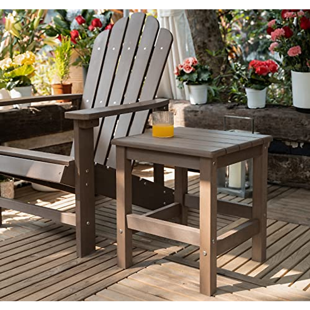 EFURDEN Side Table, Polystyrene End Table for Adirondack Chair, Outdoor Side Table Weather Resistant, Patio End Table with Low Maintenance (Brown)