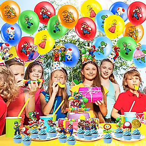 49 PCS Marrio Birthday Party Decorations, Marrio Birthday Decorations for Boys Girls, Cute Marrio Party Supplies for Kids with Birthday Banner, Balloons, Cake Toppers, Hanging swirls