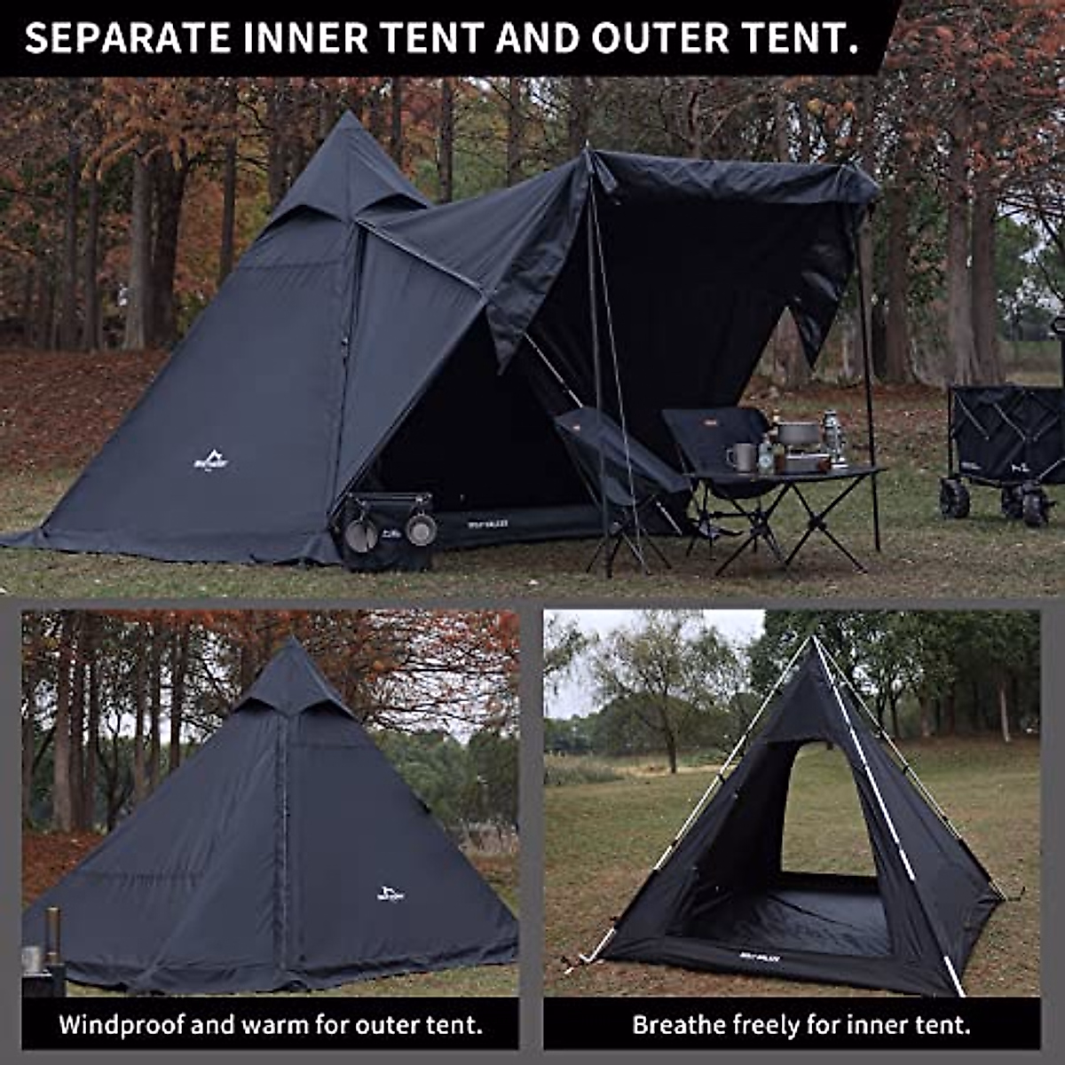Wolf Walker Camping Tent for 4-5 Person Teepee Indian Tent with Windproof Belt Double Layers Waterproof Sunscreen Shelter Anti-UV Pyramid Spire Yurt Tents for Outdoor Family Hunting Black