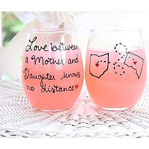 Mother's Day Gifts for Mom From Daughter, Love Between Mother and Daughter Knows no Distance, Mother Daughter Wine Glass, All States and Countries Available