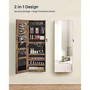 SONGMICS Jewelry Cabinet Armoire, Lockable Wall-Mounted Storage Organizer Unit with 2 Plastic Cosmetic Trays, Full-Length Frameless Mirror, Textured Brown UJJC001X01