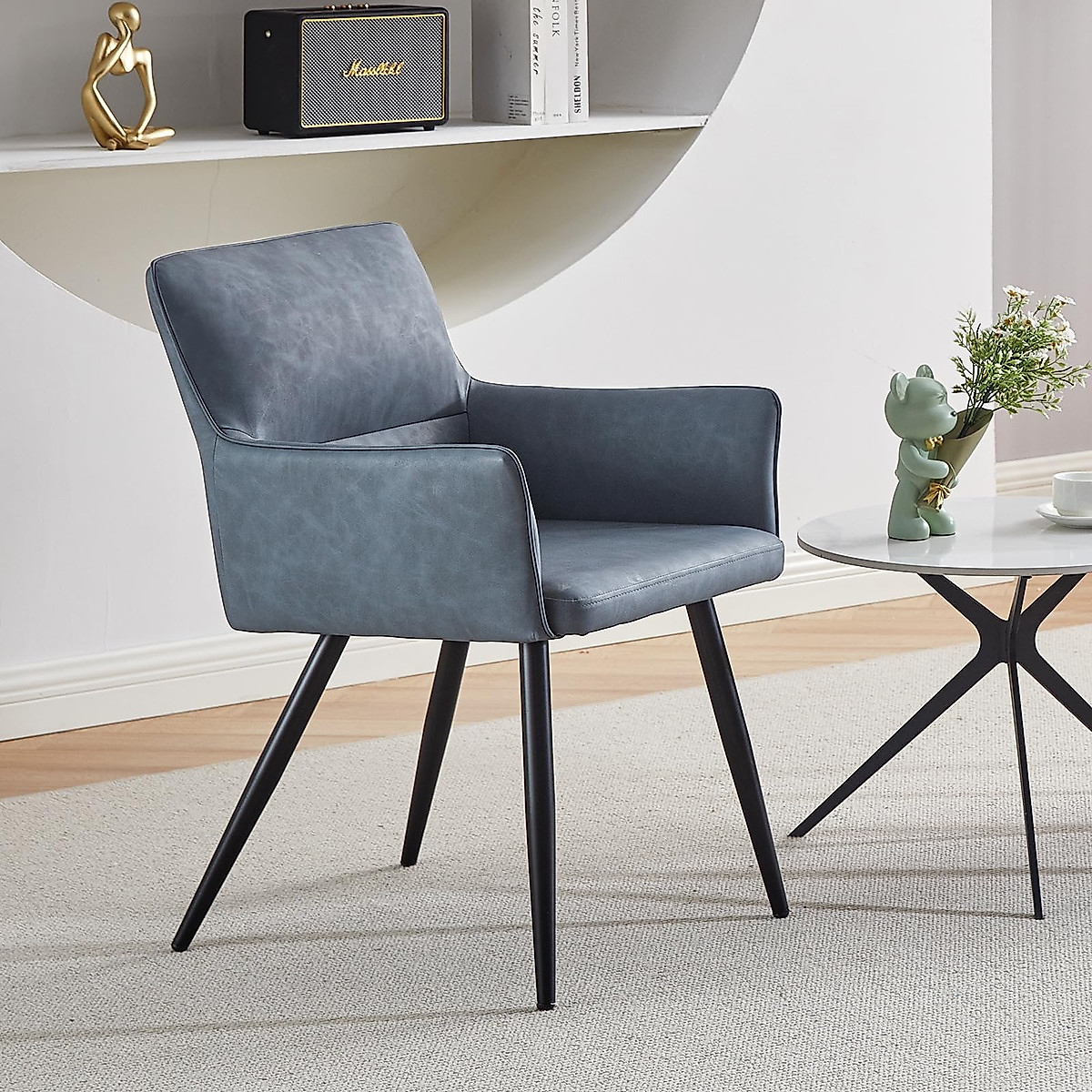 TUKAILAi Leisure Dining Chairs Set of 2, Faux Leather Upholstered Seat Kitchen Chairs with Armrests, Backrest and Metal Legs, Comfy Accent Lounge Chair for Reception Room Living Room (Blue)