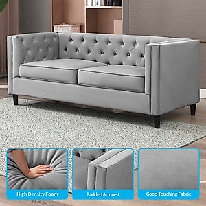 Mjkone Velvet Sofa 69'' W, Compact Loveseat Couch with Solid Wood Legs, Button Tufted Futon for Small Spaces, Mid-Century Modern Style Big 2 Seat Couch for Living Room, Apartment, Office - Dark Gray