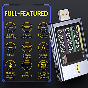 FNIRSI USB Tester 4-28V 7A LCD USB A&C Voltage Current Power Tester Multimeter with Bluetooth, Fast Charge Detection Trigger Capacity Ripple Measurement, PD2.0/PD3.0,QC2.0/QC3.0