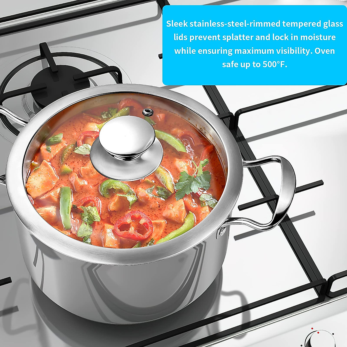 Stainless Steel Pots and Pans Set, 7-Piece Kitchen Cookware Sets with Glass Lids, Stay-Cool Handle, Oven Safe, Works with Induction/Electric and Gas Cooktops, Dishwasher