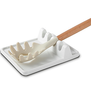 Ceramic Utensil Rest with Drip Pad for Multiple Utensils, Heat-Resistant, Spoon Rest & Spoon Holder for Stove Top, Kitchen Utensil Holder for Spoons, Ladles, Tongs & More (white)