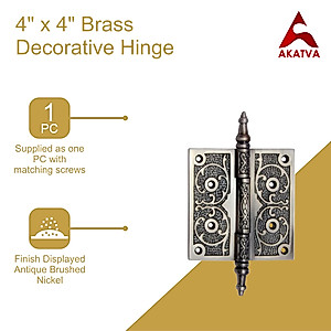 Akatva 164mm x 101mm x 12mm Brass Decorative Hinge Set - 1 Piece Gate Hinges for Wooden and Metal Fences, Doors, Cabinets - Brass Ball Bearing Hinge Hardware Kit - Antique Brushed Nickel Finish