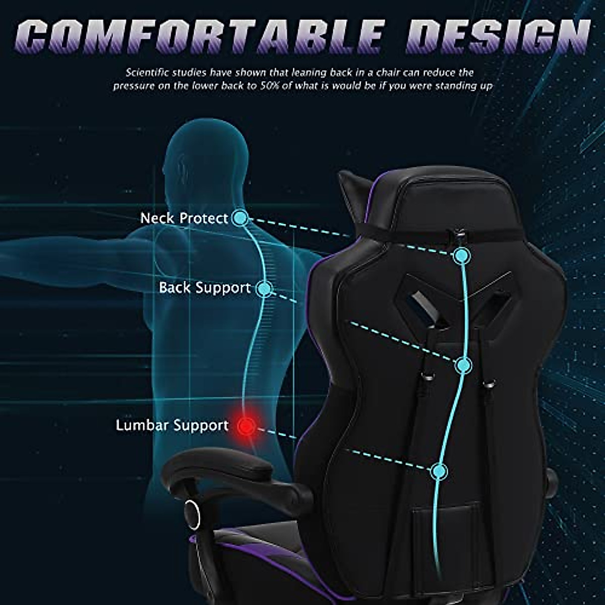Purple Gaming Chair, Reclining Computer Chair with Footrest, High Back Gamer Chair with Massage, Large Computer Gaming Chair, Racing Style Desk Chair for Gaming, Big and Tall Gaming Chairs for Adults