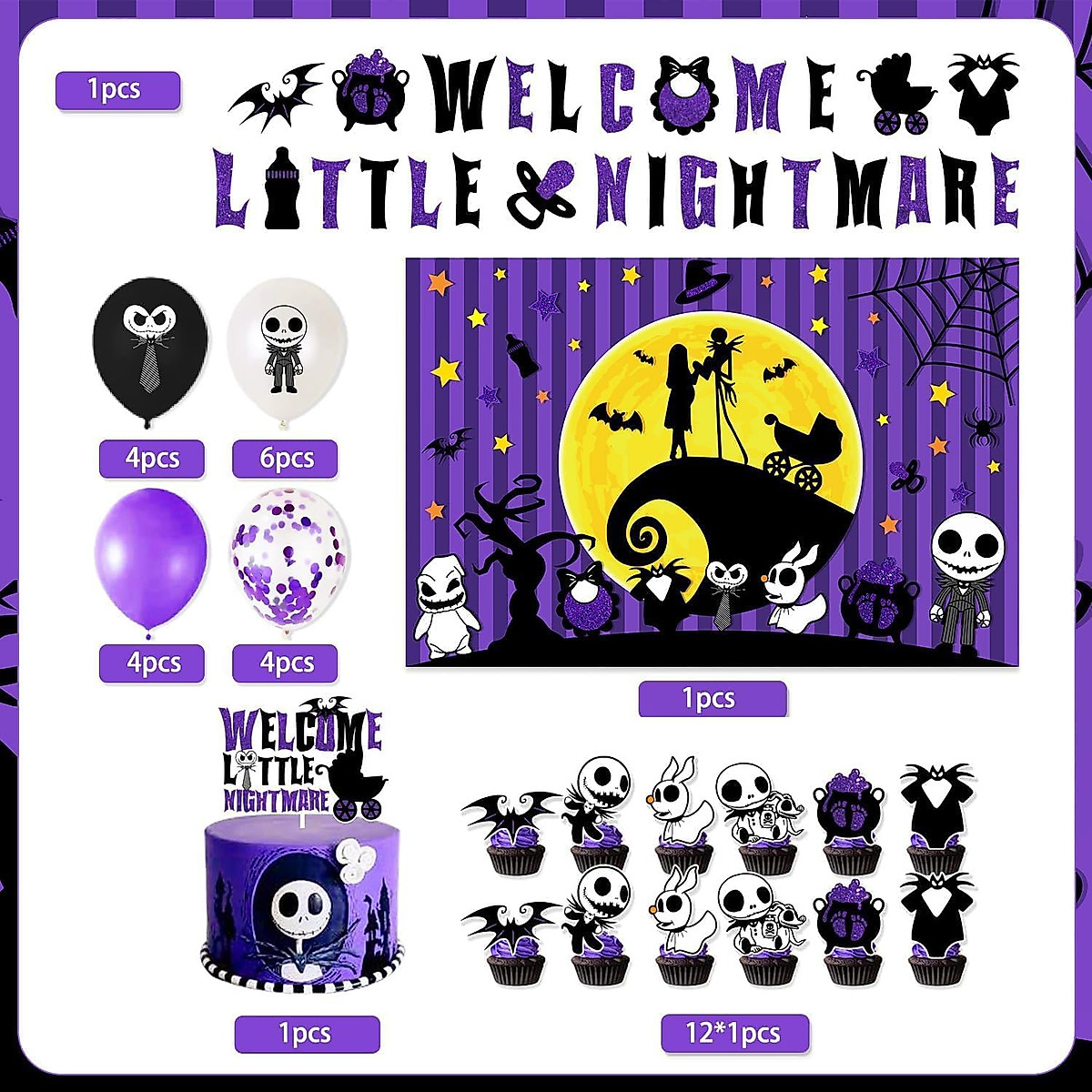 Nightmare Christmas Baby Shower Decorations, Welcome Little Night Before Halloween Birthday Party Decorations Includes Banner, Backdrop, Balloons,Cake Topper and Cupcake Toppers
