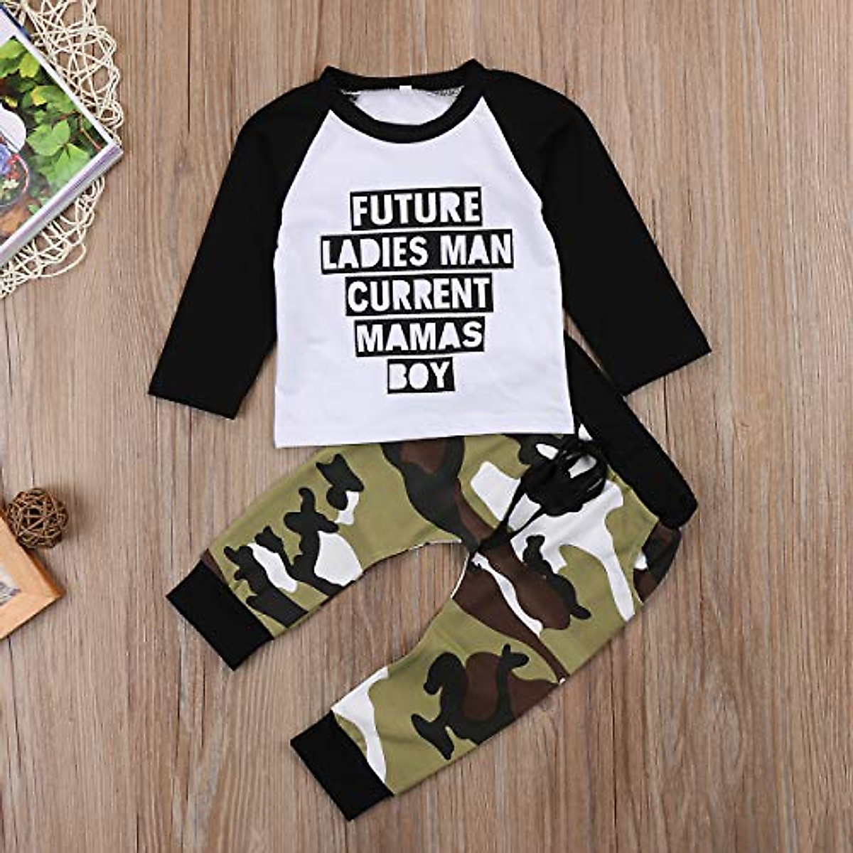 BOUTIKOME 2PCS Baby Boys Clothes Letter T-Shirt Cool Tops+Camouflage Pants Outfit Set Letter Toddler Long Sleeve (Camouflage, 4-5 T (Size:120))