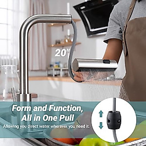 APPASO Waterfall Kitchen Faucet with Pull-Out Sprayer, Brushed Nickel Kitchen Faucet with Sprayer 3-Mode, SUS304 Stainless Steel 360° Swivel Kitchen Sink Faucet, High Arc Single Hole Sink Faucet