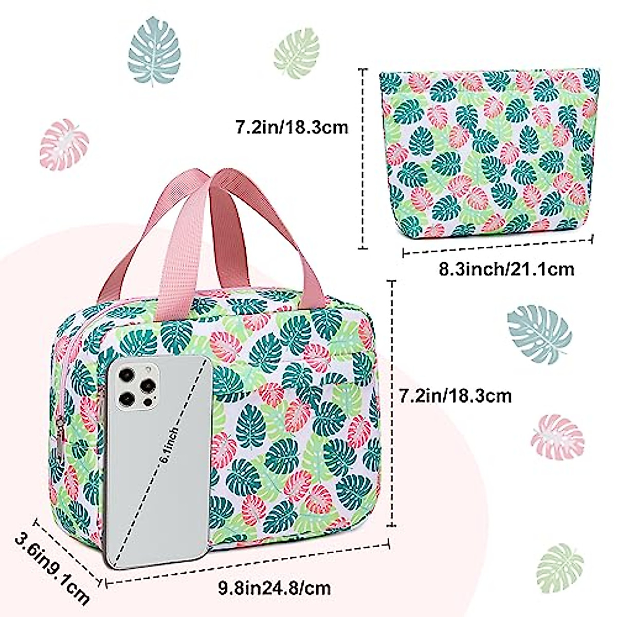 BTOOP 2 Pcs Makeup Bag Large Travel Cosmetic Tote Bags Cute Makeup Pouch Toiletry Handle Purse Organizer Set for Women (Turtle back-Pink green)