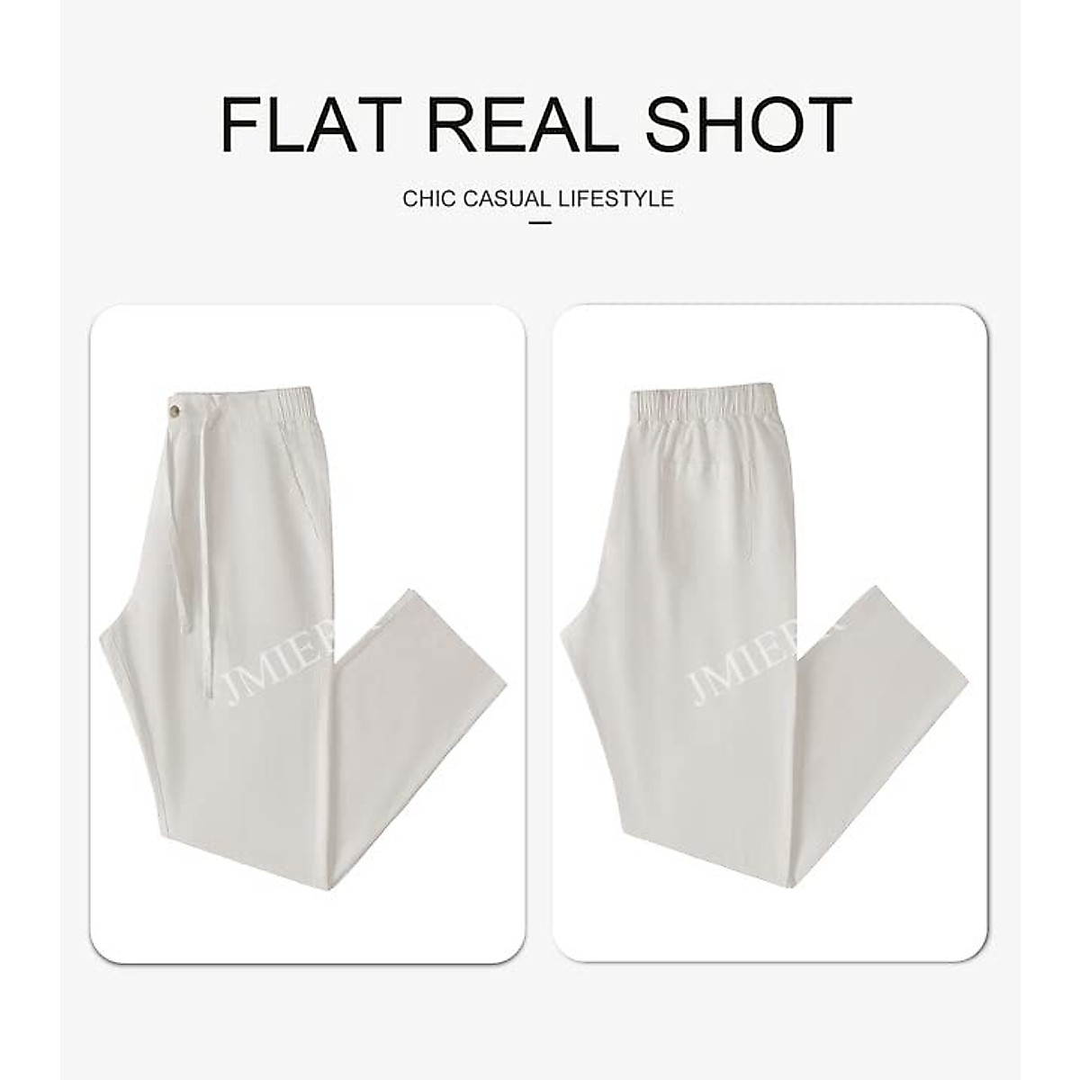 JMIERR Mens Casual Linen Pants Loose Fit Straight Legs Lightweight Elastic Waist Drawstring Trousers Summer Beach Yoga Pant Baggy US 34(M) White