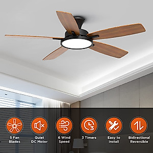 TALOYA 52 inch Ceiling Fans with Lights,Ultra Silent Multifunctional Ceiling Fan with Three Color Temperature and Dimmable Light with Reversible Blades Black