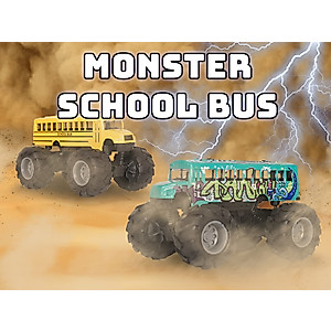 Crelloci School Bus Monster Truck Toy - 2 Pack Set Die Cast Yellow School Bus Toy, Pull Back Car Toys, Big Wheel Monster Truck Play Vehicles Gifts for Toddlers, Kids, Boys