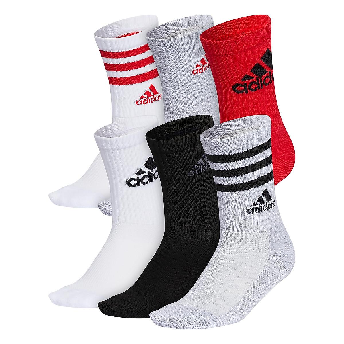 adidas Athletic Cushioned Crew Socks (6 Pairs) Kids Discontinued, Better Scarlet/Cool Light Heather/Black, Medium