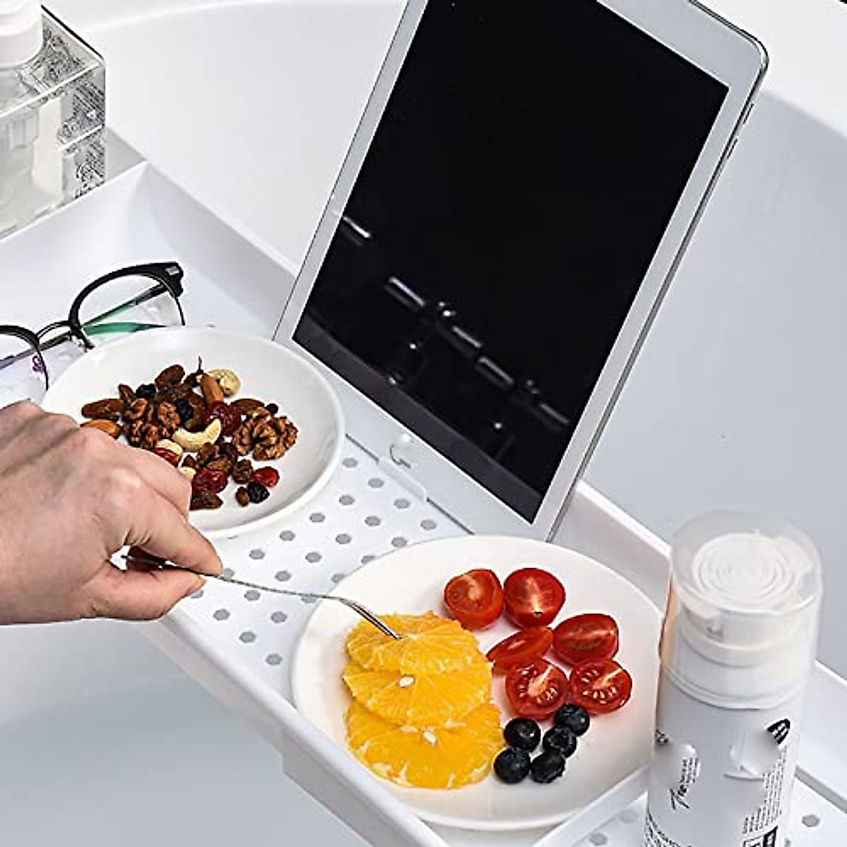 Bathtub Caddy Tray Expandable Adjustable Bath Tub Table Non-Slip Waterproof Multifunctional Plastic Bathtub Toy Holder Shelf Organizer for Bathroom Gadgets(White)