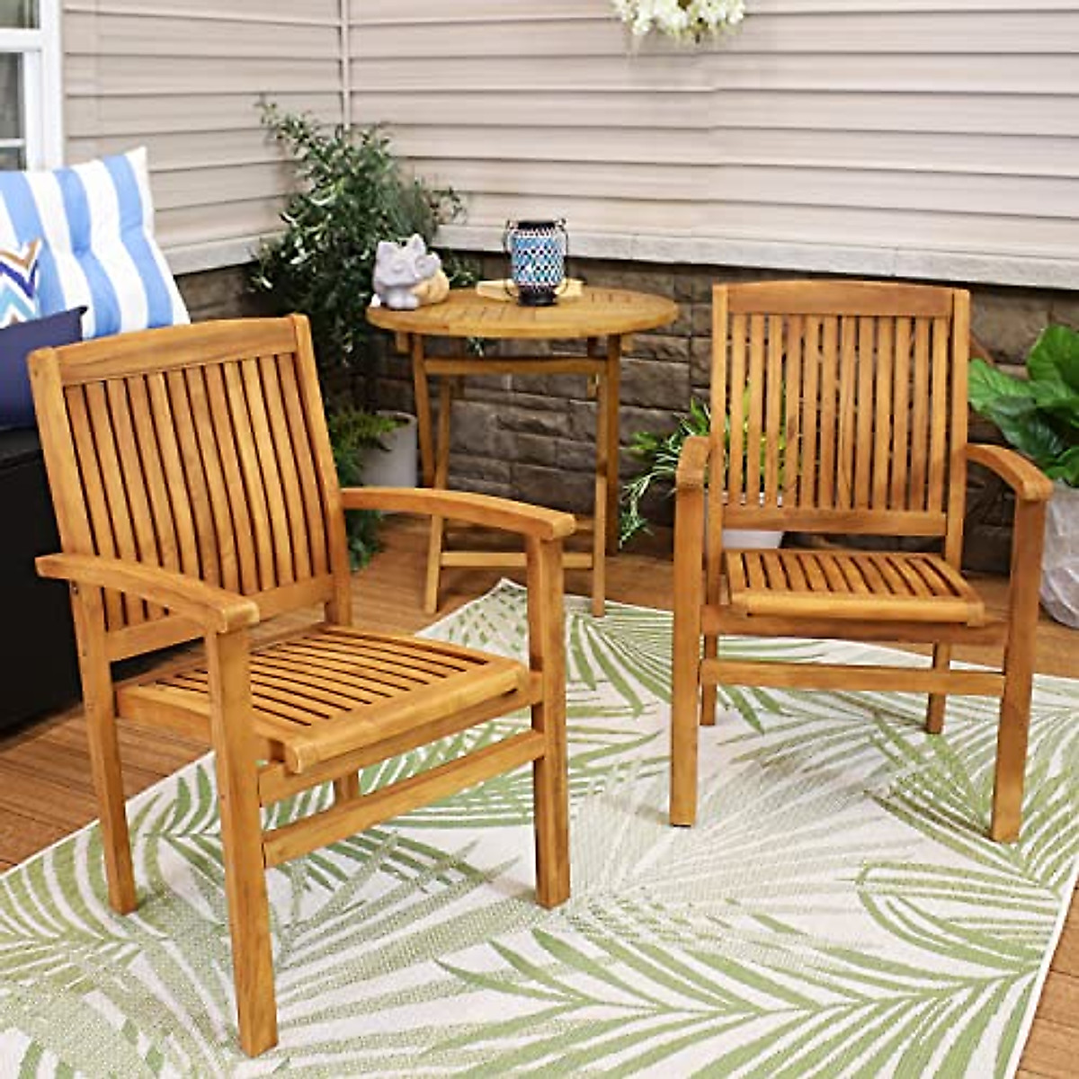 Sunnydaze Stackable Outdoor Patio Dining Chairs - Slat-Back Wood Outdoor Arm Chairs for The Outdoor Dining-Table, Patio, Porch, or Deck - Light Brown Finish - 24.25 Inches Wide - Set of 2