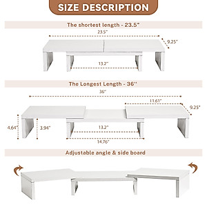 SUPERJARE Dual Monitor Stand Riser, Adjustable Length and Angle Multi Screen Stand, Desktop Stand Storage Organizer for Laptop Computer/TV/PC/Printer- White