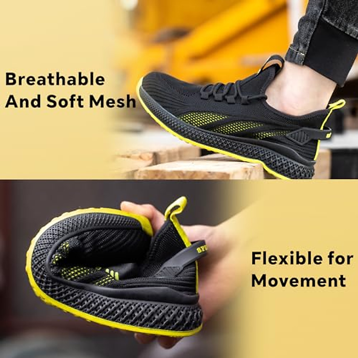 SPIEZ Safety Shoes for Men, Women 116 (Men Size 11, Black/Yellow