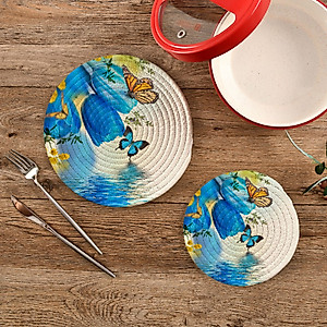 Kigai Blue Tulips with Mimosa and Butterfly Round Pot Holders Trivets Set 2 Pcs, 100% Cotton Thread Weave Trivets for Hot Dishes,Pot,Bowl,Teapot,Plates