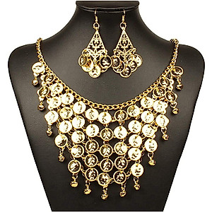 3 Pcs Belly Dance Gold Coins Necklace and Earrings Bracelets Gypsy Jewelry Coin Bracelet Hand Decoration Wrist Bangle Ring Hand Decoration Wrist Bangle Ring with a Stylus(Gold)