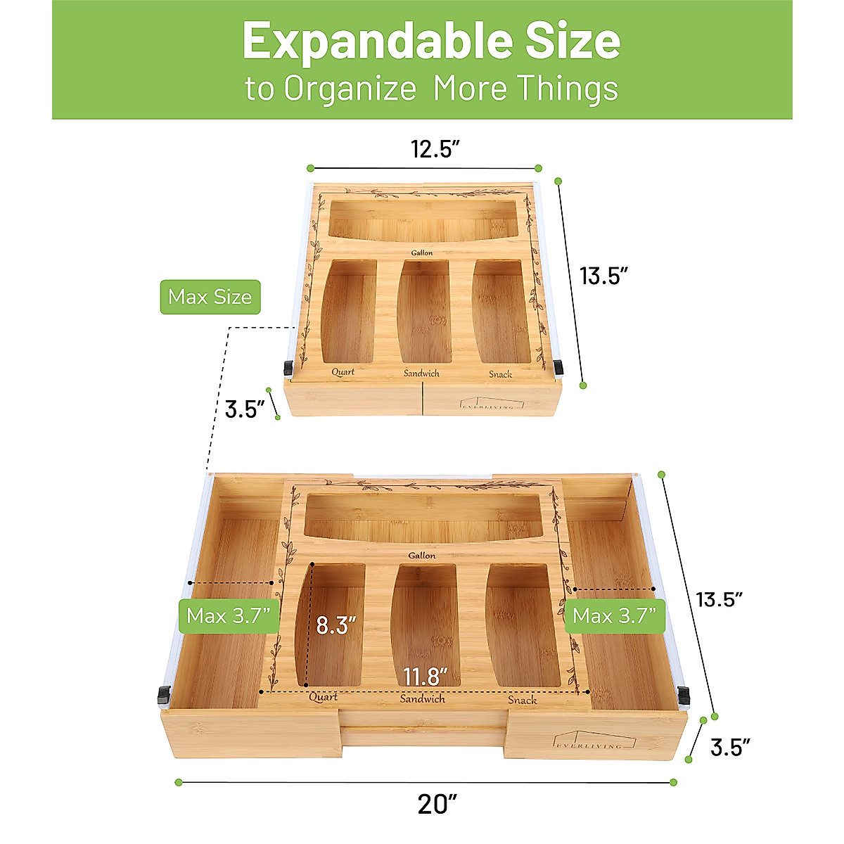 EVERLIVING Bamboo Ziplock Bag Organizer for Drawer & Countertop – Convenient 6-Slot Plastic Bag Organizer – Aluminum Foil Organization and Storage with Cutter – Ziplock Bag Storage Organizer