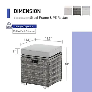 Patiorama 2 Piece Outdoor Patio Ottomans,All-Weather Grey PE Rattan Wicker Ottoman with Storage,Outdoor Footrest Footstool Seat w/Thick Cushion,Built-in Handle for Backyard Poolside Porch (Light Grey)