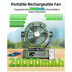 Korbot Camping Fan - 20000mAh 9-Inch Battery Operated Fan(60Hrs) - Portable Fan Rechargeable - USB Fan with Light & Remote for Indoor, Outdoor e.g. Travel, Fishing - Gifts for Men/Women/Boyfriend