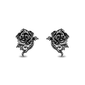 Jewelili Enchanted Disney Fine Jewelry Black Rhodium over Sterling Silver 1/5 Cttw Treated Black Round Diamond Maleficent Rose Earrings