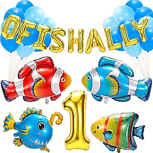 PHOGARY Fish Balloons for Ofishally One Birthday Decorations, O Fishally 1st Birthday Balloons, Mylar Gone Fishing Balloon Sea Animal Party Balloon Clownfish Foil Balloons, Fishing Baby Shower Decor