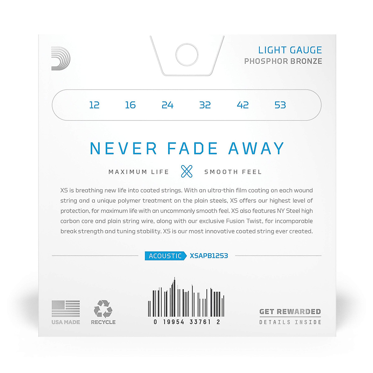 D'Addario Guitar Strings - XS Phosphor Bronze Coated Acoustic Guitar Strings - XSAPB1253 - Maximum Life with Smooth Feel & Exceptional Tone - For 6 String Guitars - 12-53 Light