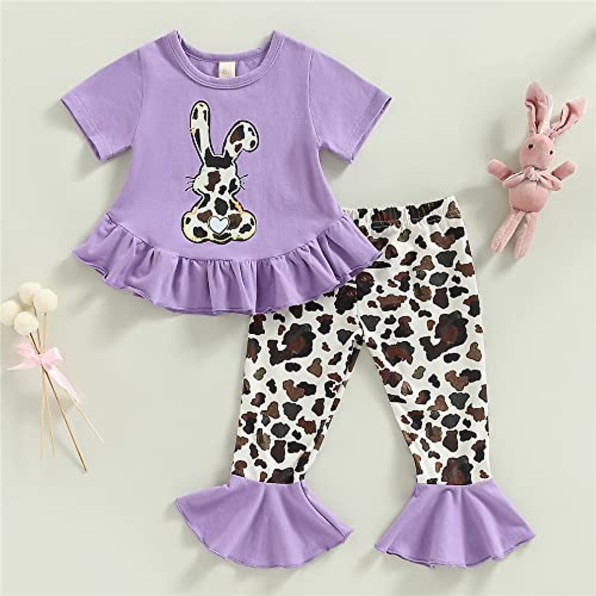 Toddler Kids Baby Girl Easter Outfit Bunny Print Short Sleeve T-Shirt Tops Leopard Flare Pants 2pcs Summer Clothes (Purple,18-24M)