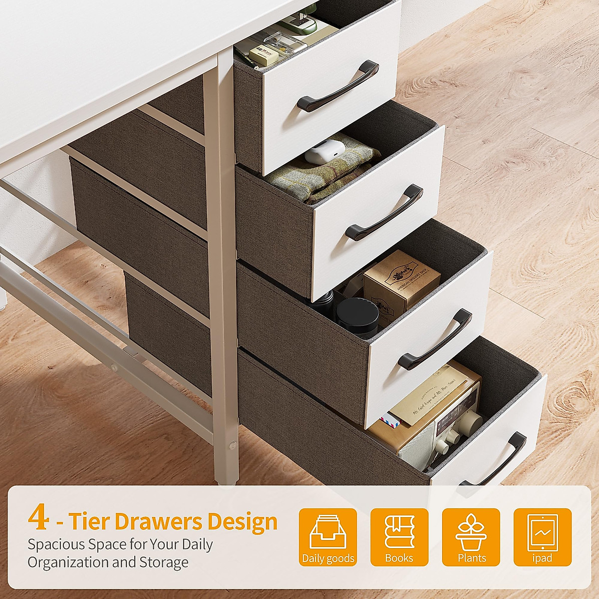 CubiCubi 47 Inch Computer Reversible Desk with 4 Storage Drawers, Small Home Office Kids Student Writing Study Work Table for Bedroom, White