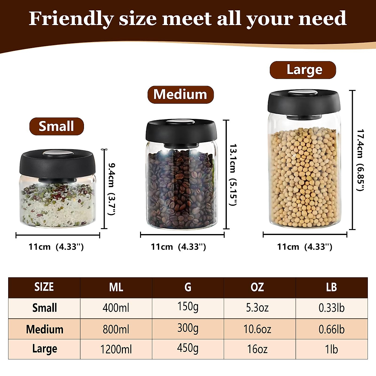 HelpyLife Vacuum Coffee Canister,Airtight Glass Jars Set for Kitchen Pantry,Coffee Bean Storage Container,Perfect for Ground Coffee,Loose Tea,Sugar(13floz×2+40floz×1)