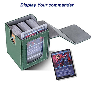 AFIING MTG Deck Box for Commander Display,Card Deck Box Fits 100 Double Sleeved Cards, Magic Commander TCG Card Storage case with 2 Dividers,Dice Bag and 1 Toploader(Green/Grey)