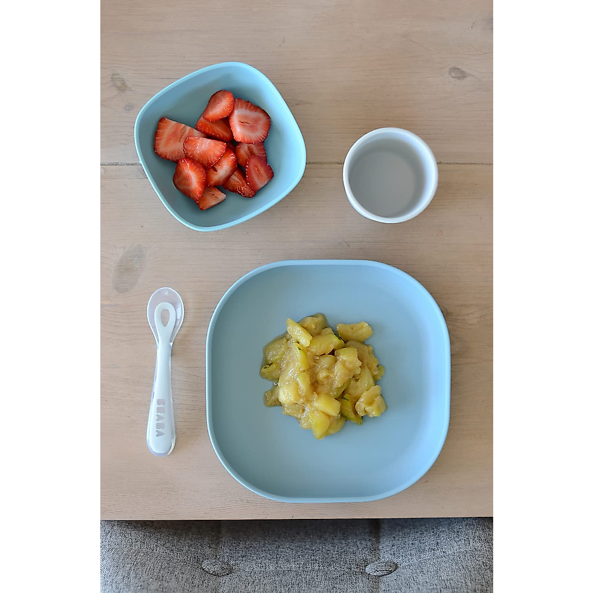 BEABA Silicone 4 Piece Baby Feeding Set, Suction Plates for Baby, Includes Plate, Bowl, Cup, 2nd Stage Silicone Spoon, High Grade Food Safe Silicone, Rain