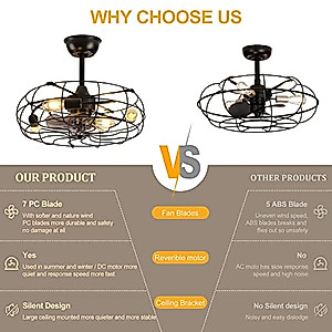 Caged Ceiling Fan with Light Modern Industrial Ceiling Fans with Lights Remote Control Farmhouse Ceiling Fan Light Gazebo Fan light for Patio Kitchen Living room Entrance Indoor Outdoor Black