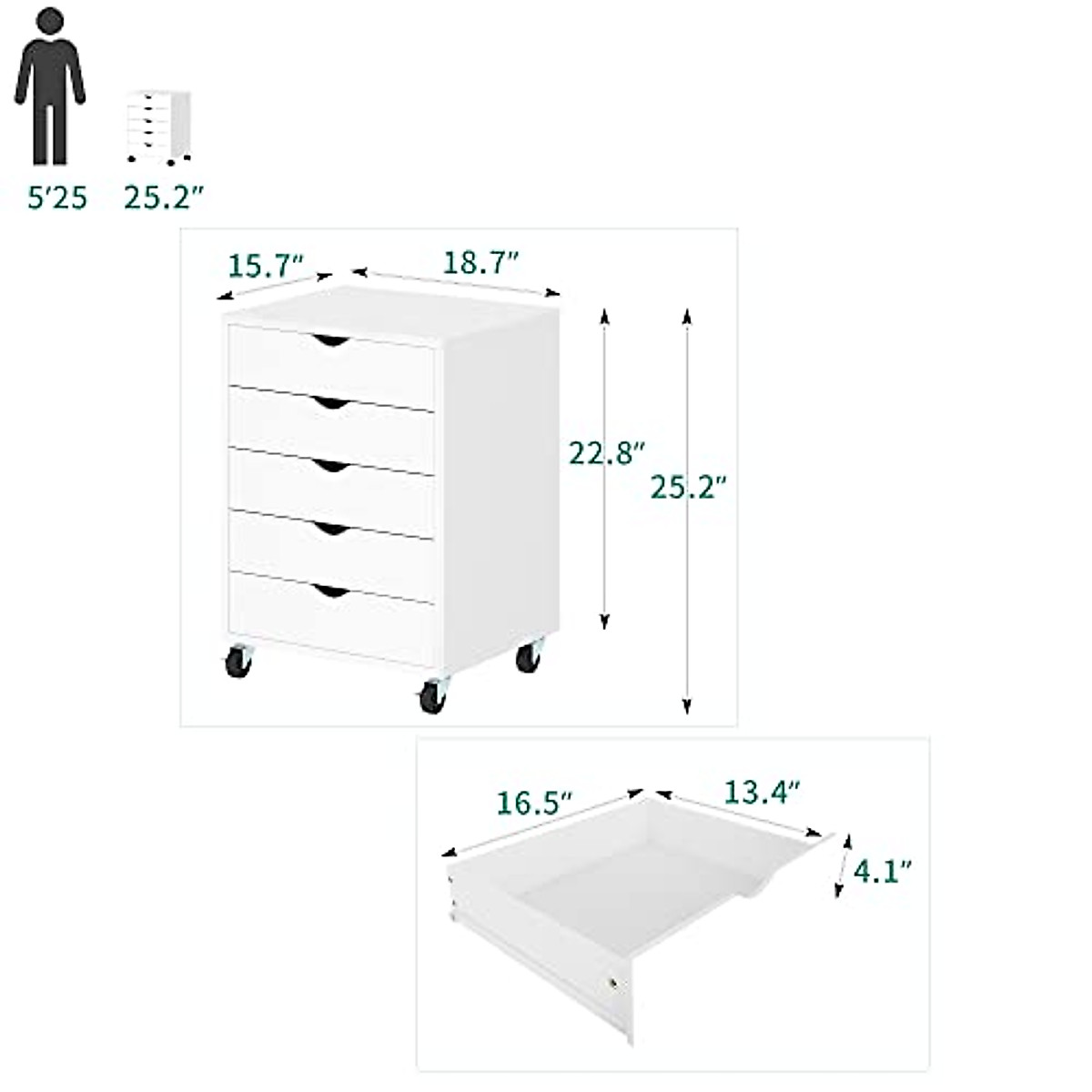 YITAHOME 5 Drawer Chest, Mobile File Cabinet with Wheels, Home Office Storage Dresser Cabinet, White