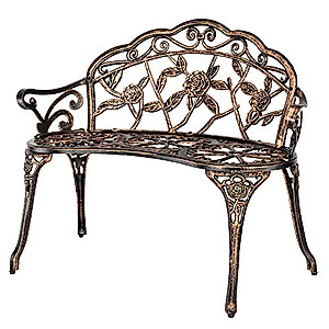 VINGLI 38.5" Patio Park Garden Outdoor Metal Rose Bench,Cast Iron Cast Aluminium Frame Antique Finish Chair,Accented Lawn Front Porch Path Yard Decor Deck Furniture for 2 Person Seat，Bronze