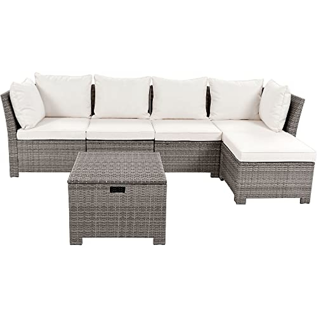 DHPM Furniture 6 Pieces Outdoor Sectional PE Rattan Sofa Brown Manual Wicker Patio Conversation Set with 2 Corner, 2 Single Chairs, 1 Ottoman and 1 Storage Table, Beige