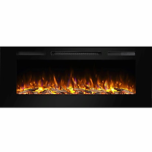 PuraFlame Alice 50 Inches Recessed Electric Fireplace, Flush Mounted for 2 X 6 Stud, Log Set & Crystal, 1500W Heater, Remote Control, Black