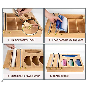Bamboo Ziplock Baggies Storage Bag Organizer, sandwich bag organizer, Aluminum Tin Foil and Wrap Cutter Dispenser, Drawer or wall Organization,6 in 1 Kitchen Holder