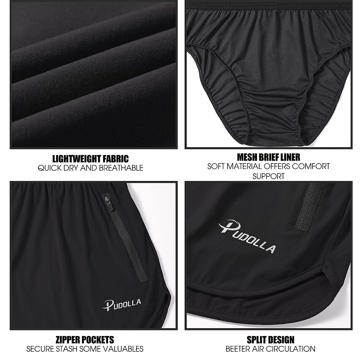 Pudolla Men's Running Shorts 3 Inch Quick Dry Gym Athletic Workout Shorts for Men with Zipper Pockets(Black X-Small)