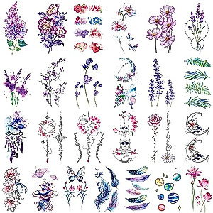 Glaryyears Flower Temporary Tattoos for Women, 45 Pack Small Realistic Fake Tattoo Stickers, Long Lasting Watercolor Floral Feather Design Collection, Sexy for Girls on Face Body Hand Arm