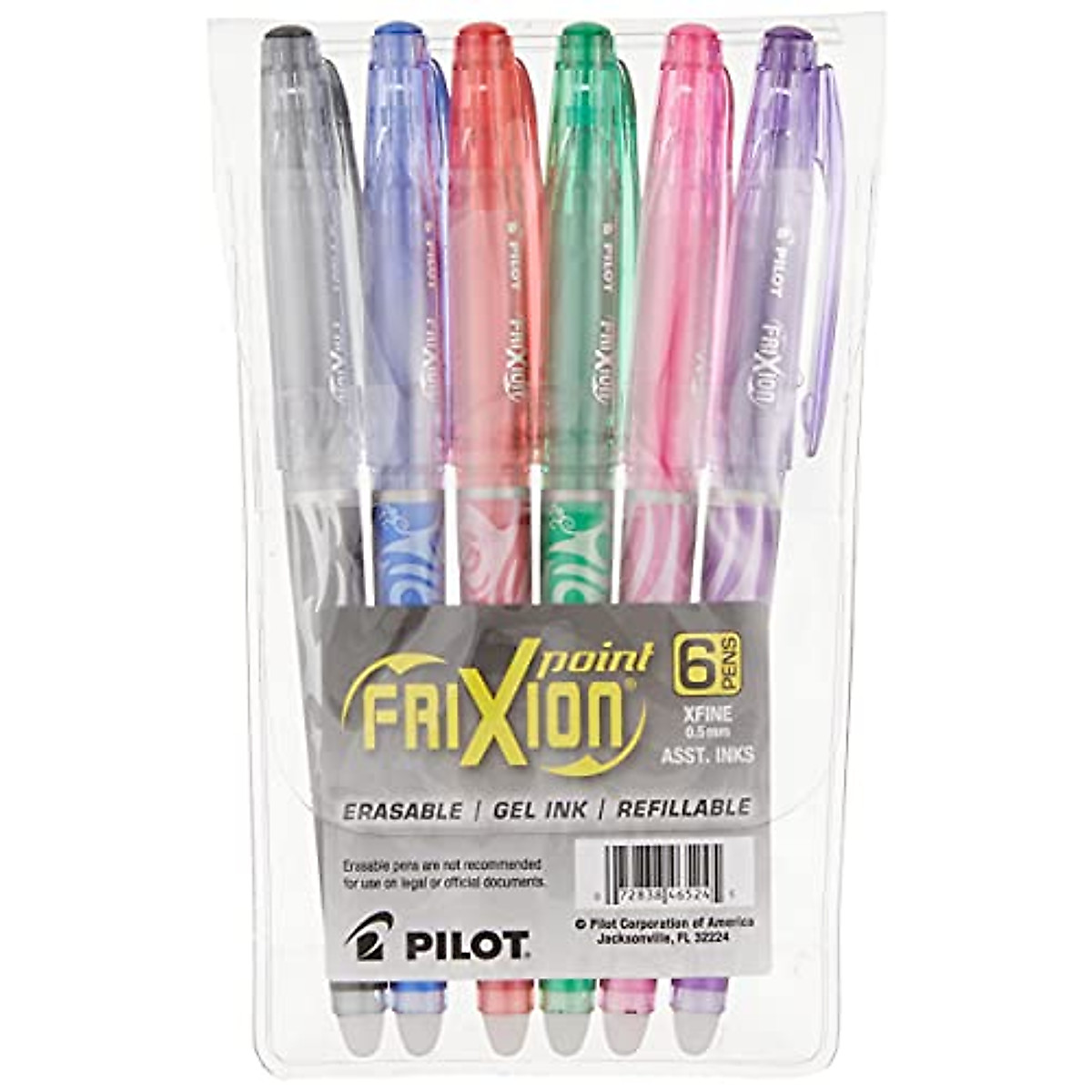PILOT FriXion Point Erasable & Refillable Gel Ink Pens, Extra Fine Point, Black/Blue/Red/Green/Pink/Purple Inks, 6-Pack Pouch (46524)