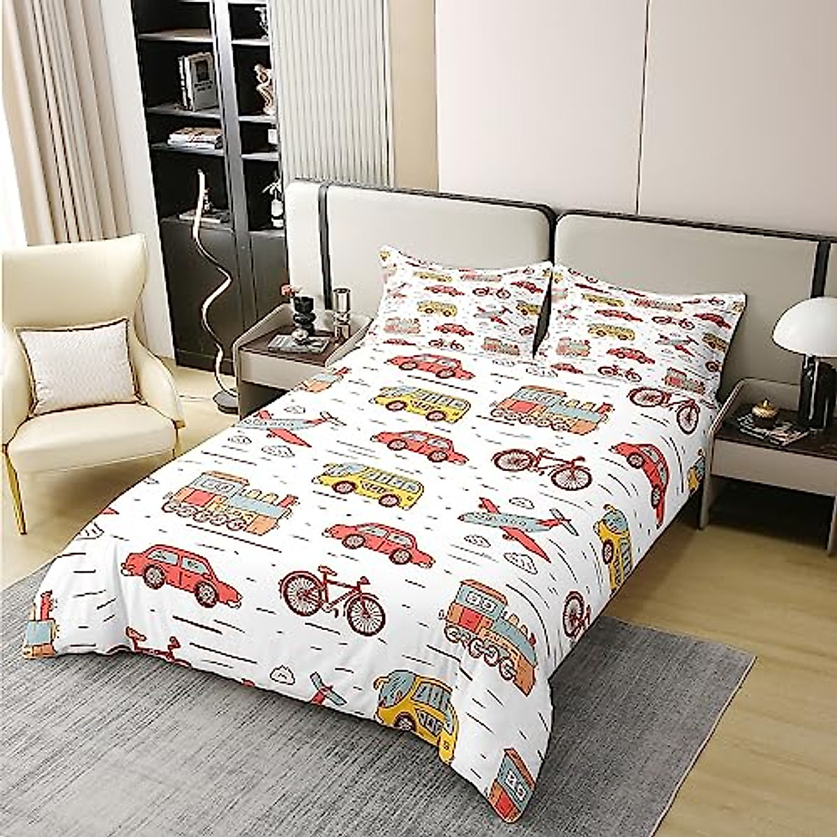 jejeloiu Cartoon Car Bedding Cotton Duvet Cover Set Kids Train Airplane Print Duvet Cover 100% Cotton King Size Boys Girls Decor Bus Bicycle Rider Comforter Cover Set Aircraft Red Bedspread Cover